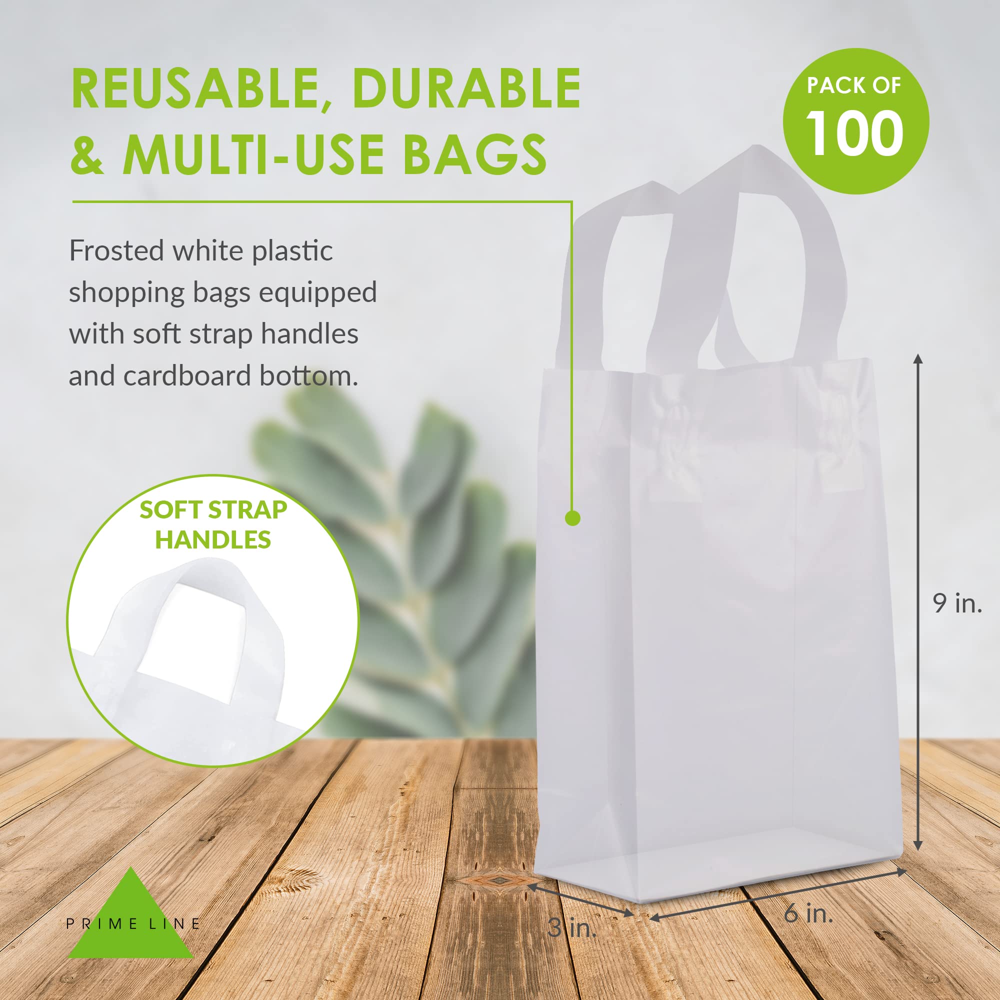 Prime Line Packaging Clear Gift Bags with Handles, Frosted Plastic Shopping Tote for Girls, Small Business, Boutiques, Retail, Bulk, 6x3x9 100 Pack