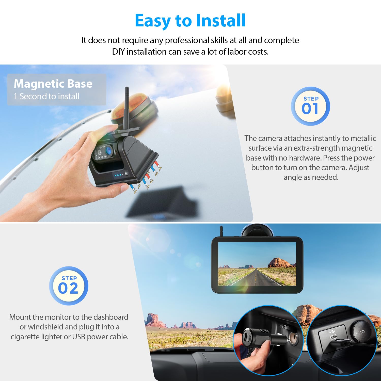ZEROXCLUB Magnetic Solar Wireless Backup Camera 1080P 7" DVR Monitor, Rechargeable RV Camera Wireless System for Hitch Towing Travel RV Camper 5th Wheel, Built-in 9600mAh Battery & Solar Panel, BM701