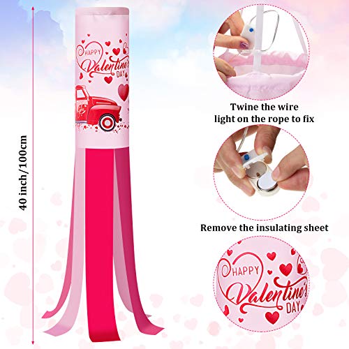 2 Pieces Happy Valentine's Day Windsock Polyester Garden Windsock Heart Pattern Windsock Flag Outdoor Hanging Decorative Windsocks for Valentine's Day Front Yard Patio Lawn Garden (Romantic Style)