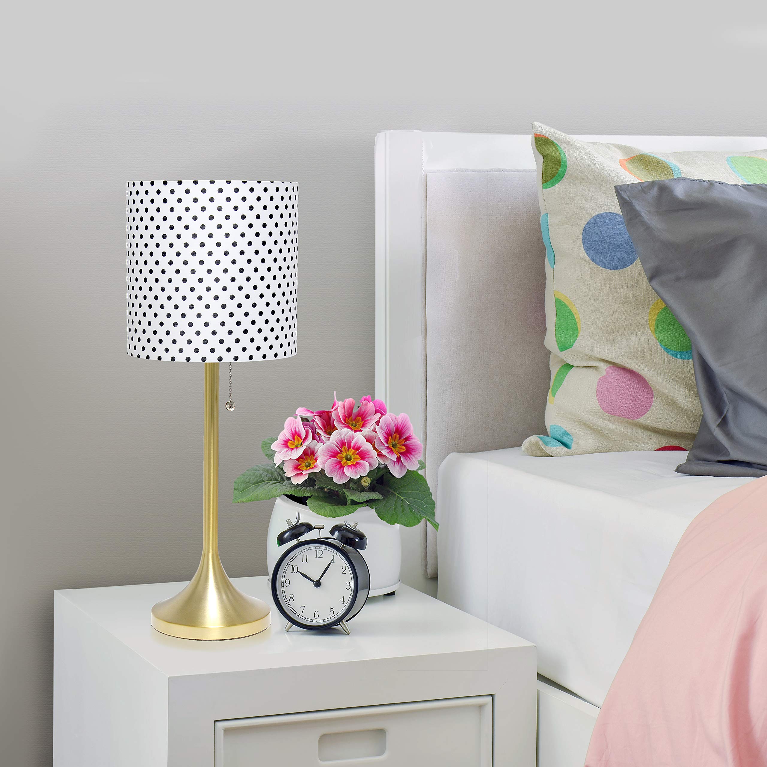 Simple Designs LT1076-GDD Tapered Fabric Drum Shade Table Lamp, Gold and Polka Dot