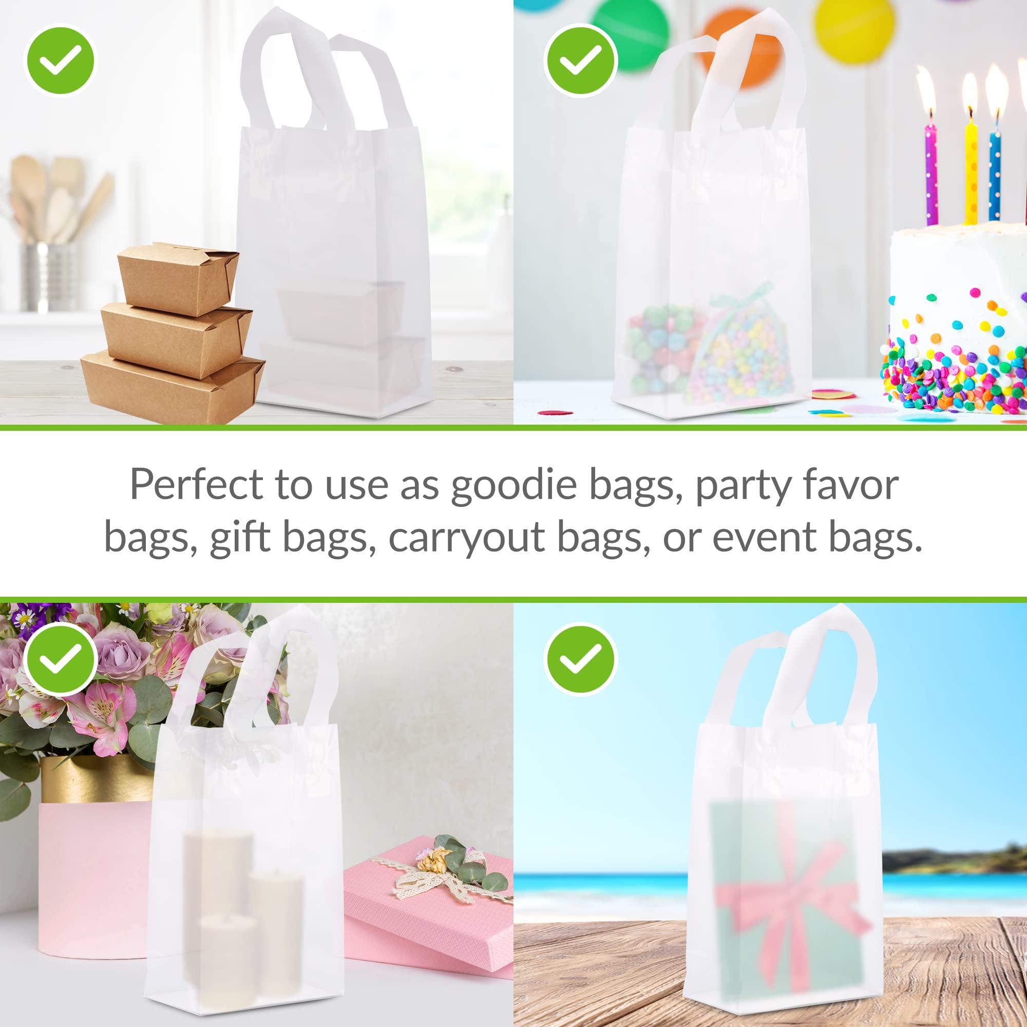 Prime Line Packaging Clear Gift Bags with Handles, Frosted Plastic Shopping Tote for Girls, Small Business, Boutiques, Retail, Bulk, 6x3x9 100 Pack