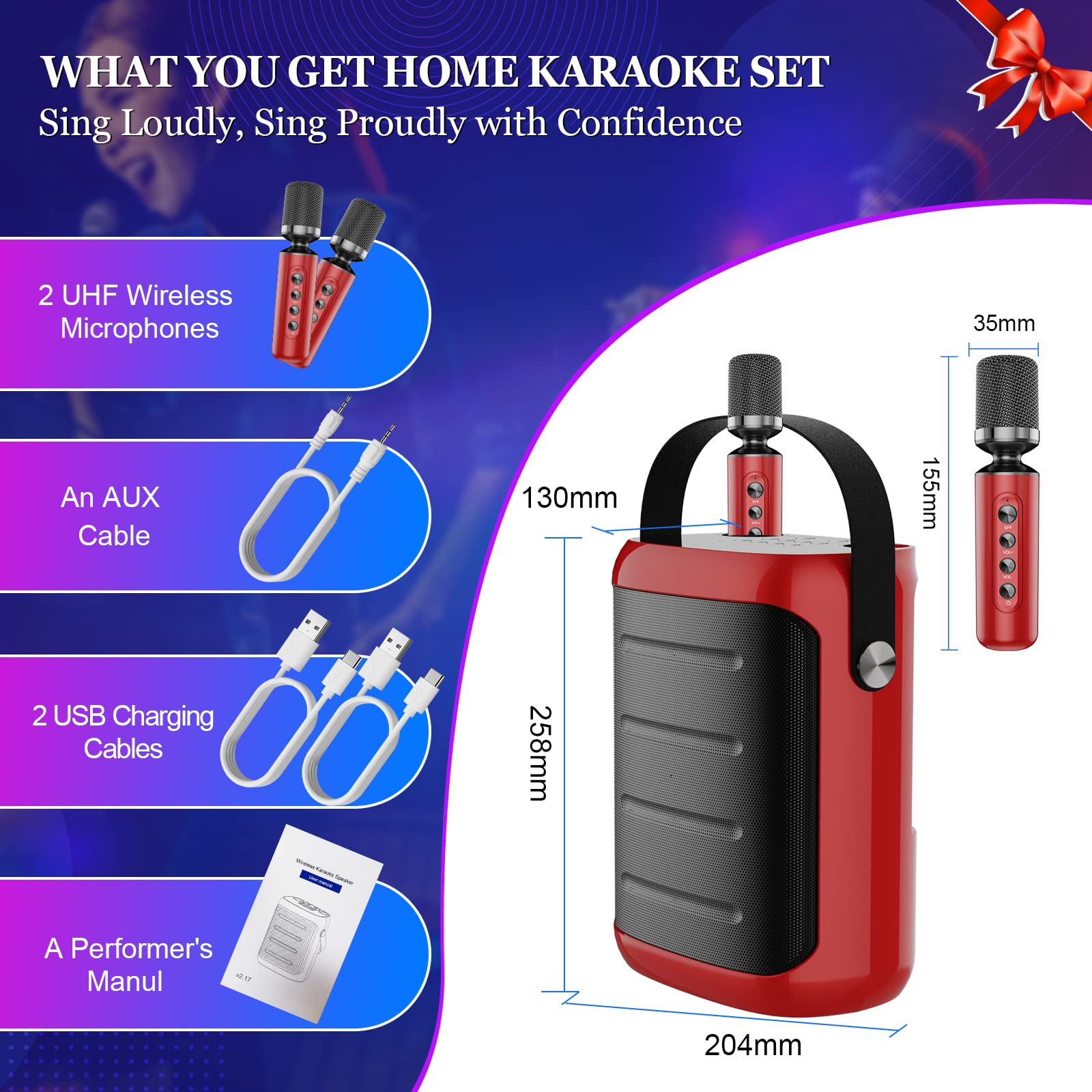 Karaoke Machine with 2 UHF Wireless Microphones, Karaoke Machine for Adults and Kids, Bluetooth Karaoke Speaker with PA System&Vocal Cut,Supports for BT/AUX/USB/SD for TV, Party, Travel, Birthday