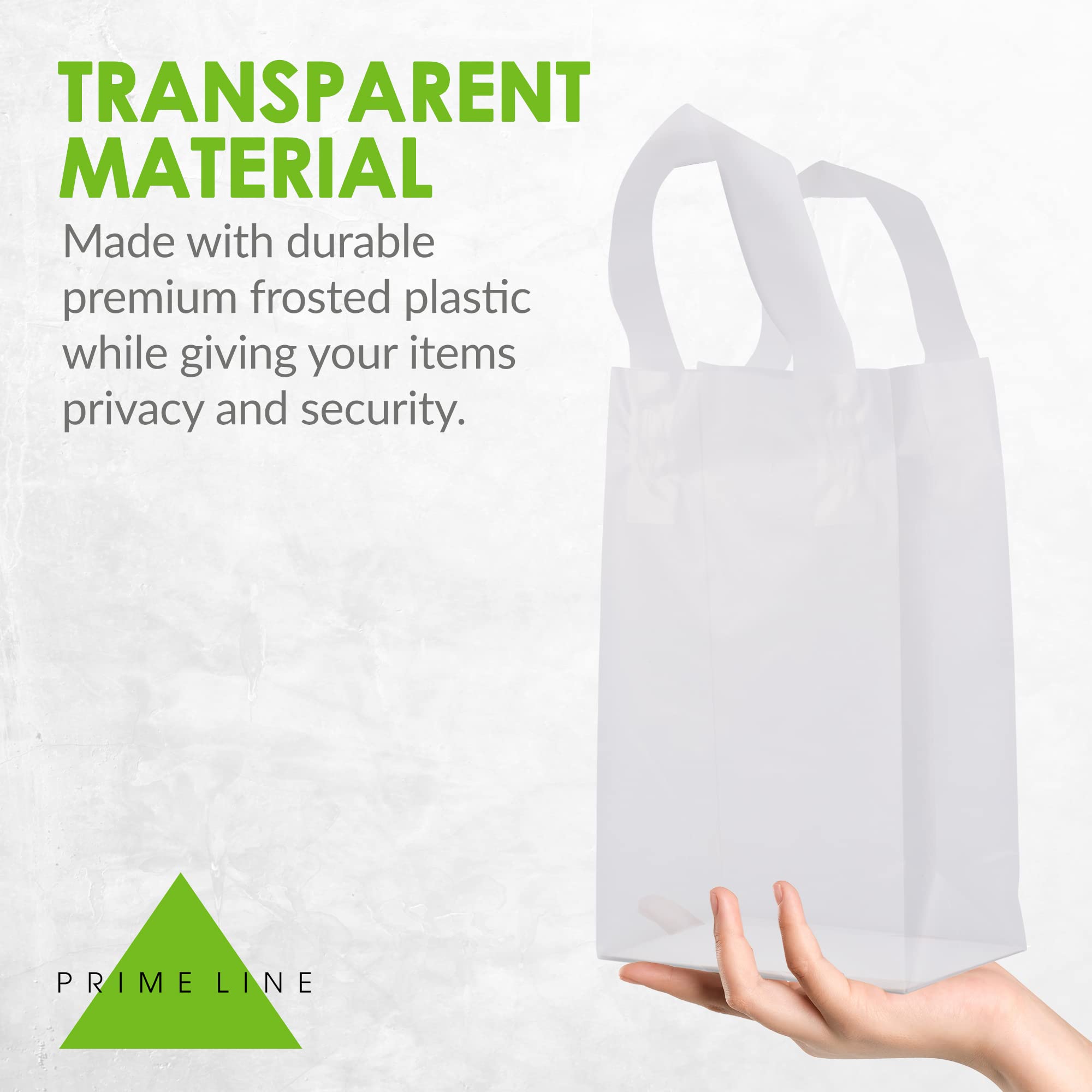 Prime Line Packaging Clear Gift Bags with Handles, Frosted Plastic Shopping Tote for Girls, Small Business, Boutiques, Retail, Bulk, 6x3x9 100 Pack