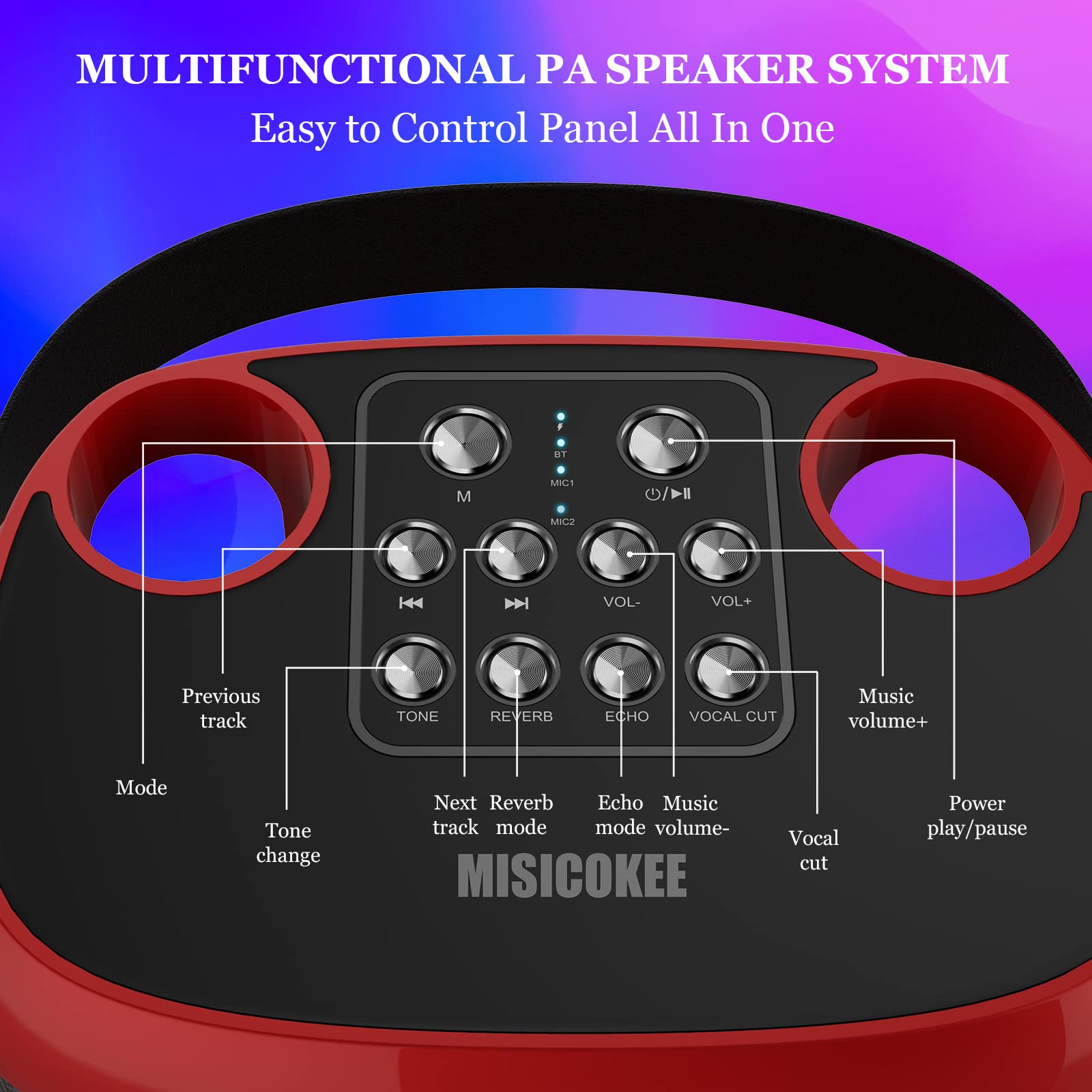 Karaoke Machine with 2 UHF Wireless Microphones, Karaoke Machine for Adults and Kids, Bluetooth Karaoke Speaker with PA System&Vocal Cut,Supports for BT/AUX/USB/SD for TV, Party, Travel, Birthday