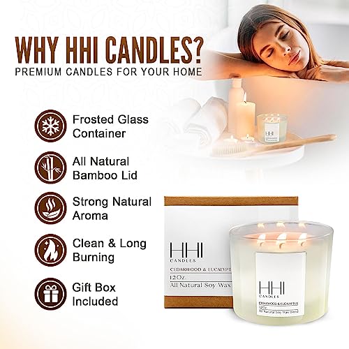 All Natural Scented Soy Candle, Fresh Blend Cedarwood and Eucalyptus (Large 12 Ounce 3 Wick) | Long Burn time | Includes Bamboo Lid and Gift Box