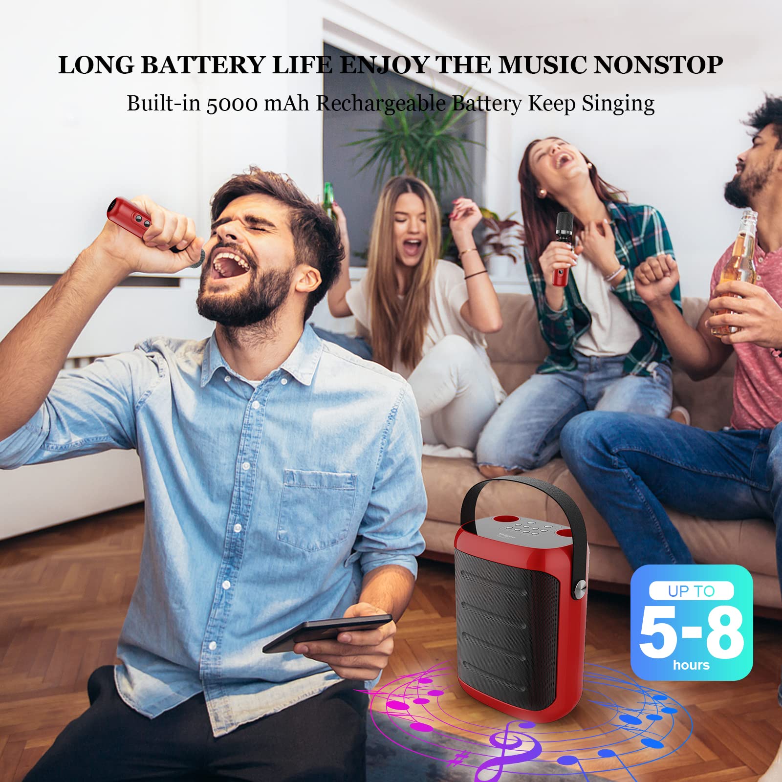 Karaoke Machine with 2 UHF Wireless Microphones, Karaoke Machine for Adults and Kids, Bluetooth Karaoke Speaker with PA System&Vocal Cut,Supports for BT/AUX/USB/SD for TV, Party, Travel, Birthday