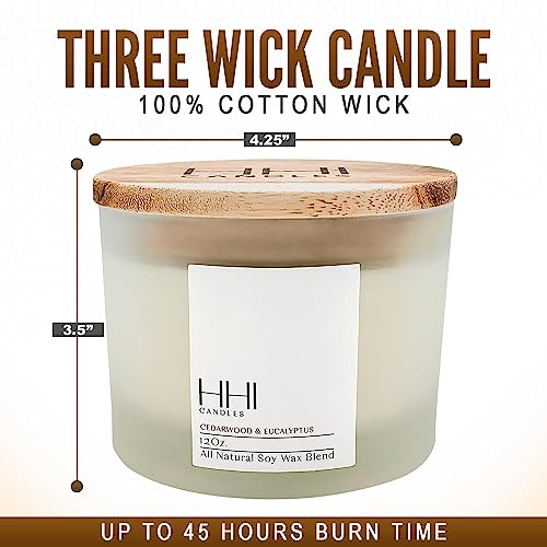 All Natural Scented Soy Candle, Fresh Blend Cedarwood and Eucalyptus (Large 12 Ounce 3 Wick) | Long Burn time | Includes Bamboo Lid and Gift Box