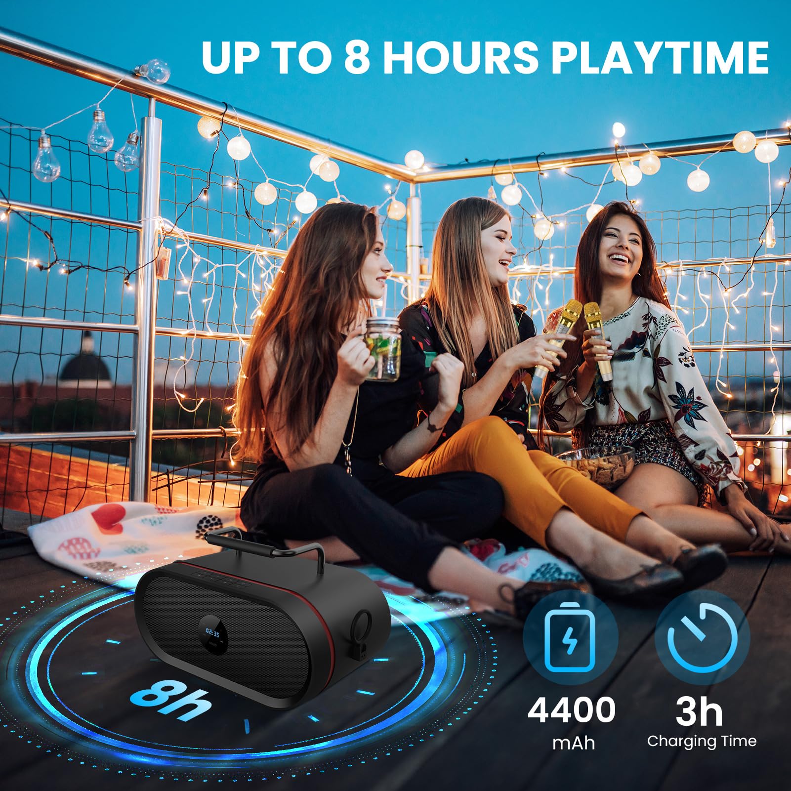 RHM K666 Karaoke Machine with Powerful & Clear Sound, 2 Wireless Microphones, Rechargeable Battery, 8 Hours Playtime, Support Bluetooth/AUX/USB/PC for Home, Party, Wedding, Picnic, Outdoors Activities