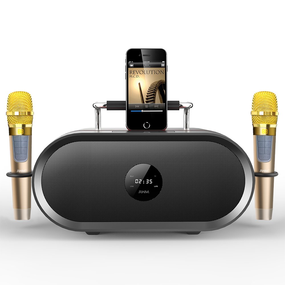 RHM K666 Karaoke Machine with Powerful & Clear Sound, 2 Wireless Microphones, Rechargeable Battery, 8 Hours Playtime, Support Bluetooth/AUX/USB/PC for Home, Party, Wedding, Picnic, Outdoors Activities