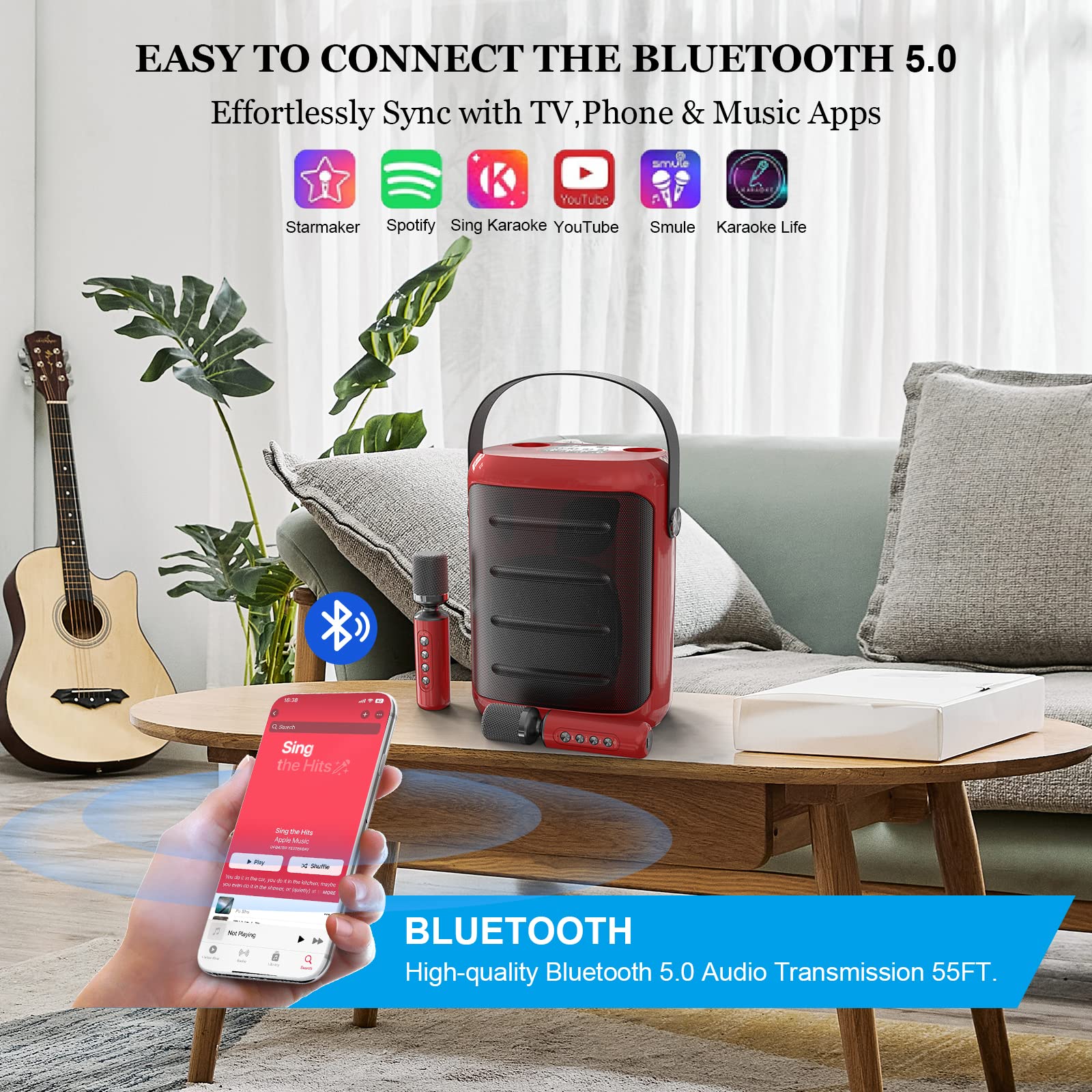 Karaoke Machine with 2 UHF Wireless Microphones, Karaoke Machine for Adults and Kids, Bluetooth Karaoke Speaker with PA System&Vocal Cut,Supports for BT/AUX/USB/SD for TV, Party, Travel, Birthday
