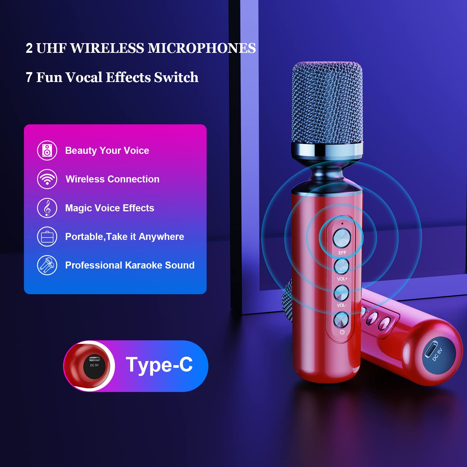 Karaoke Machine with 2 UHF Wireless Microphones, Karaoke Machine for Adults and Kids, Bluetooth Karaoke Speaker with PA System&Vocal Cut,Supports for BT/AUX/USB/SD for TV, Party, Travel, Birthday