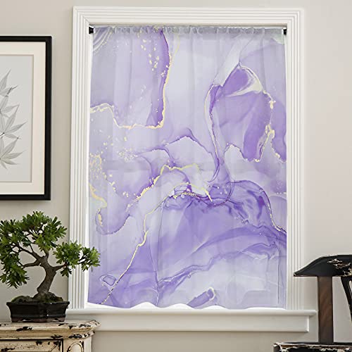 Chiffon Sheer Curtains & Drapes 45 Inch Long, Lightweight Breathable Voile Window Curtain Panels Purple Marble with Gold Glitter Splatter Curtains Backdrop Drapes for Bedroom Livingroom Wedding