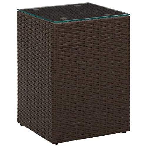 DiMorture Outdoor Patio Side Table End Table, Glass Tabletop Rattan Sofa Table Couch Table, Wicker Coffee Table Cocktail Table for Indoor Outdoor Patio Yard, Brown