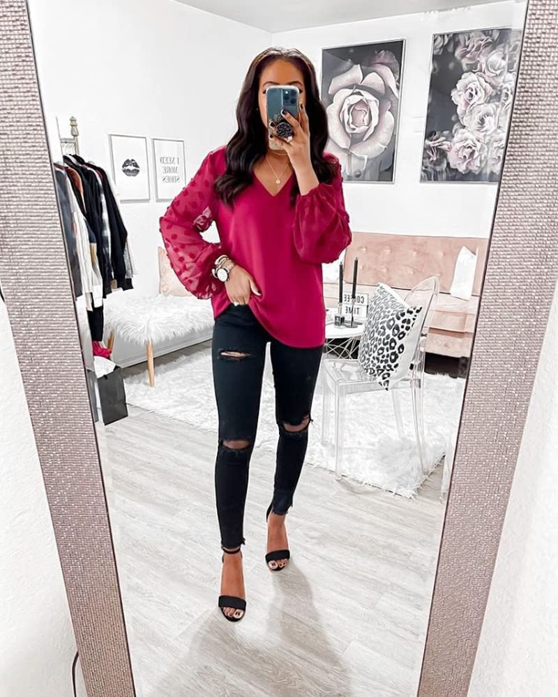 GOORY Women's Balloon Sleeve Chiffon Blouse Top Casual V Neck Swiss Dots Work Shirts, Wine Red XL