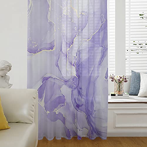 Chiffon Sheer Curtains & Drapes 45 Inch Long, Lightweight Breathable Voile Window Curtain Panels Purple Marble with Gold Glitter Splatter Curtains Backdrop Drapes for Bedroom Livingroom Wedding