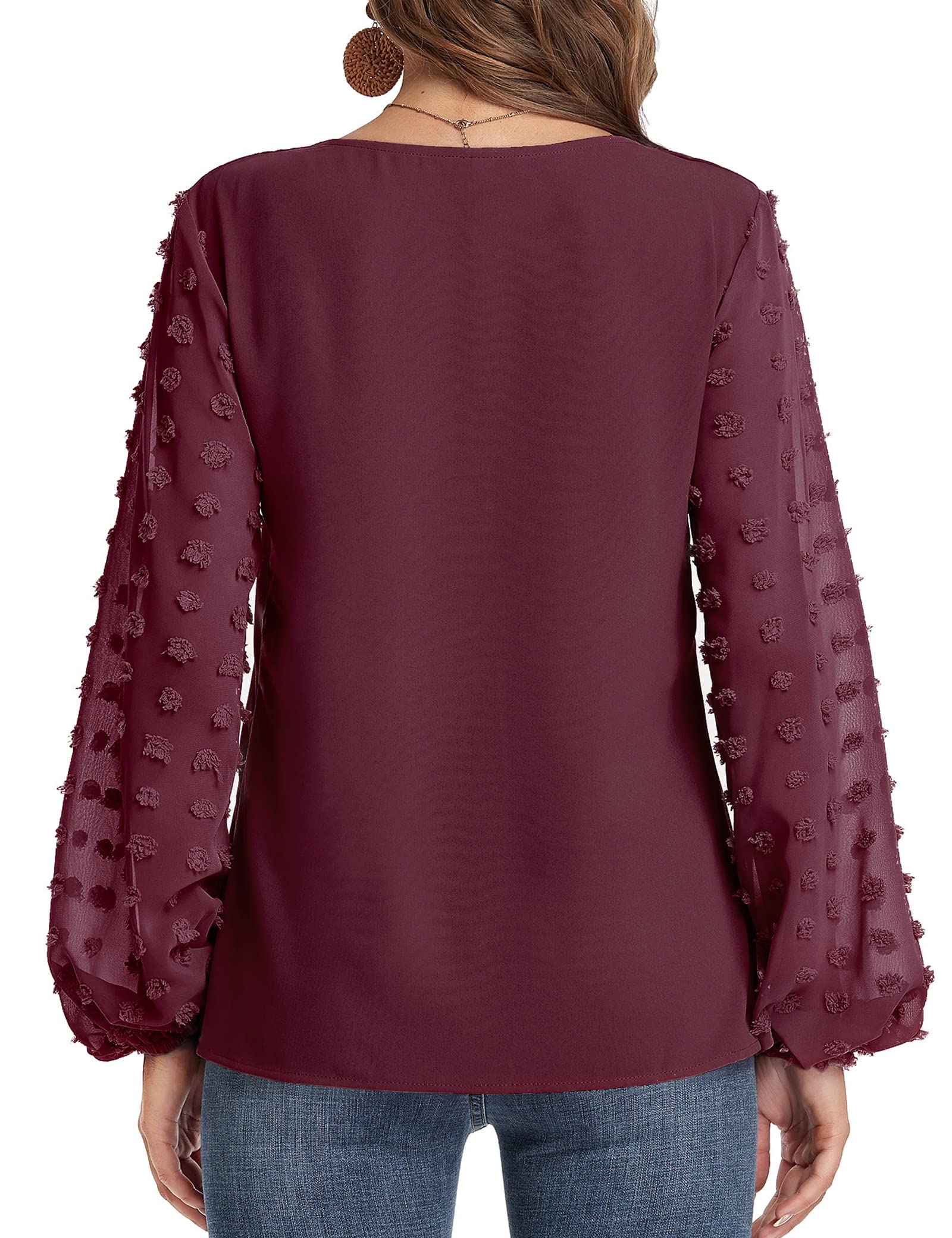 GOORY Women's Balloon Sleeve Chiffon Blouse Top Casual V Neck Swiss Dots Work Shirts, Wine Red XL