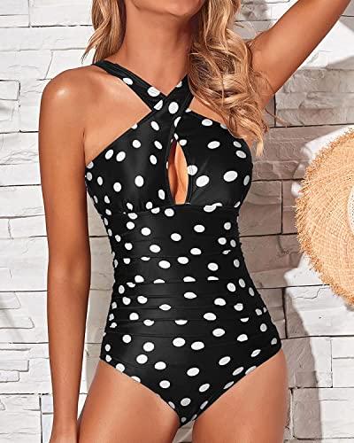 Tempt Me Women Polka Dot One Piece Swimsuits Front Cross Keyhole Tummy Control Backless Bathing Suit Large