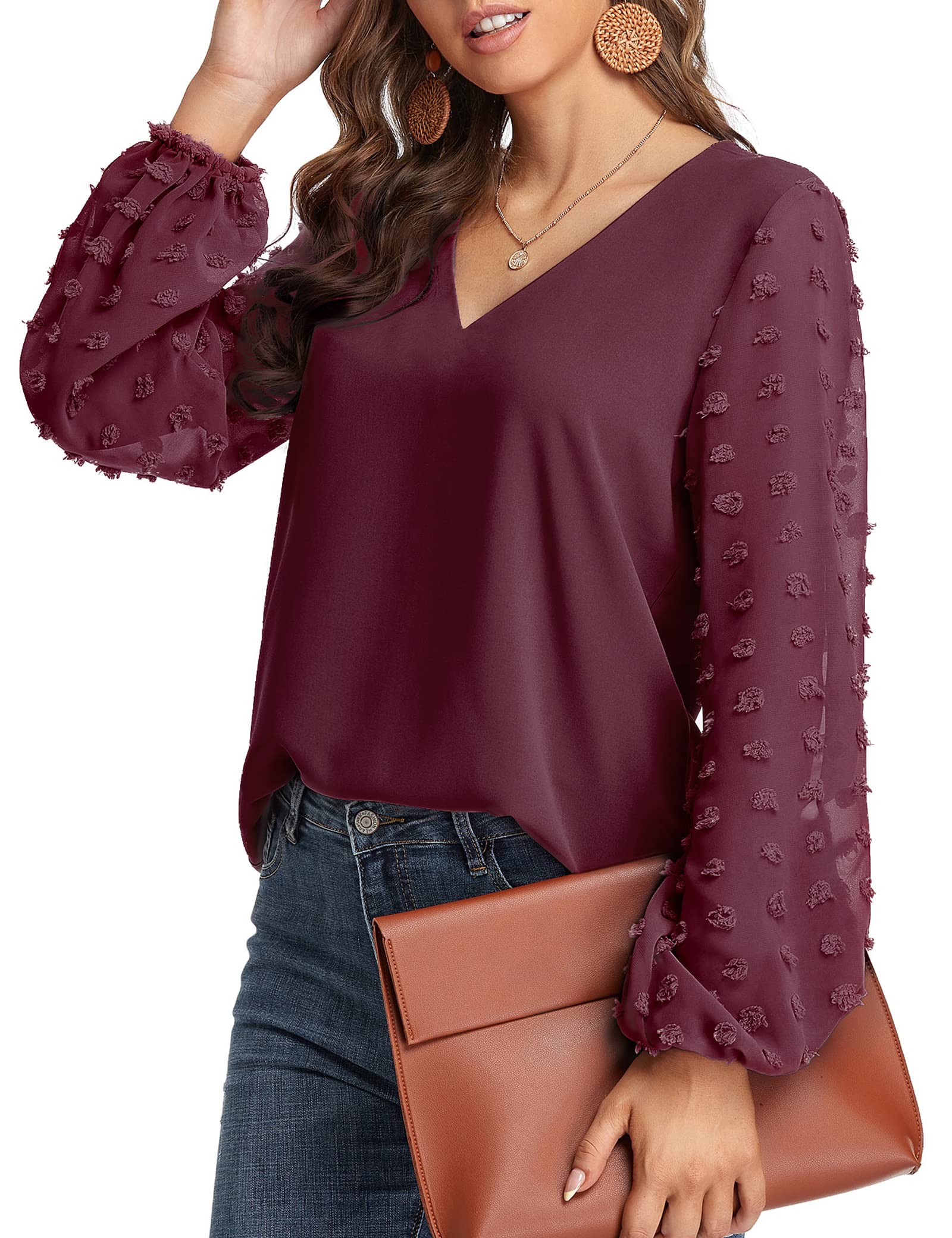 GOORY Women's Balloon Sleeve Chiffon Blouse Top Casual V Neck Swiss Dots Work Shirts, Wine Red XL
