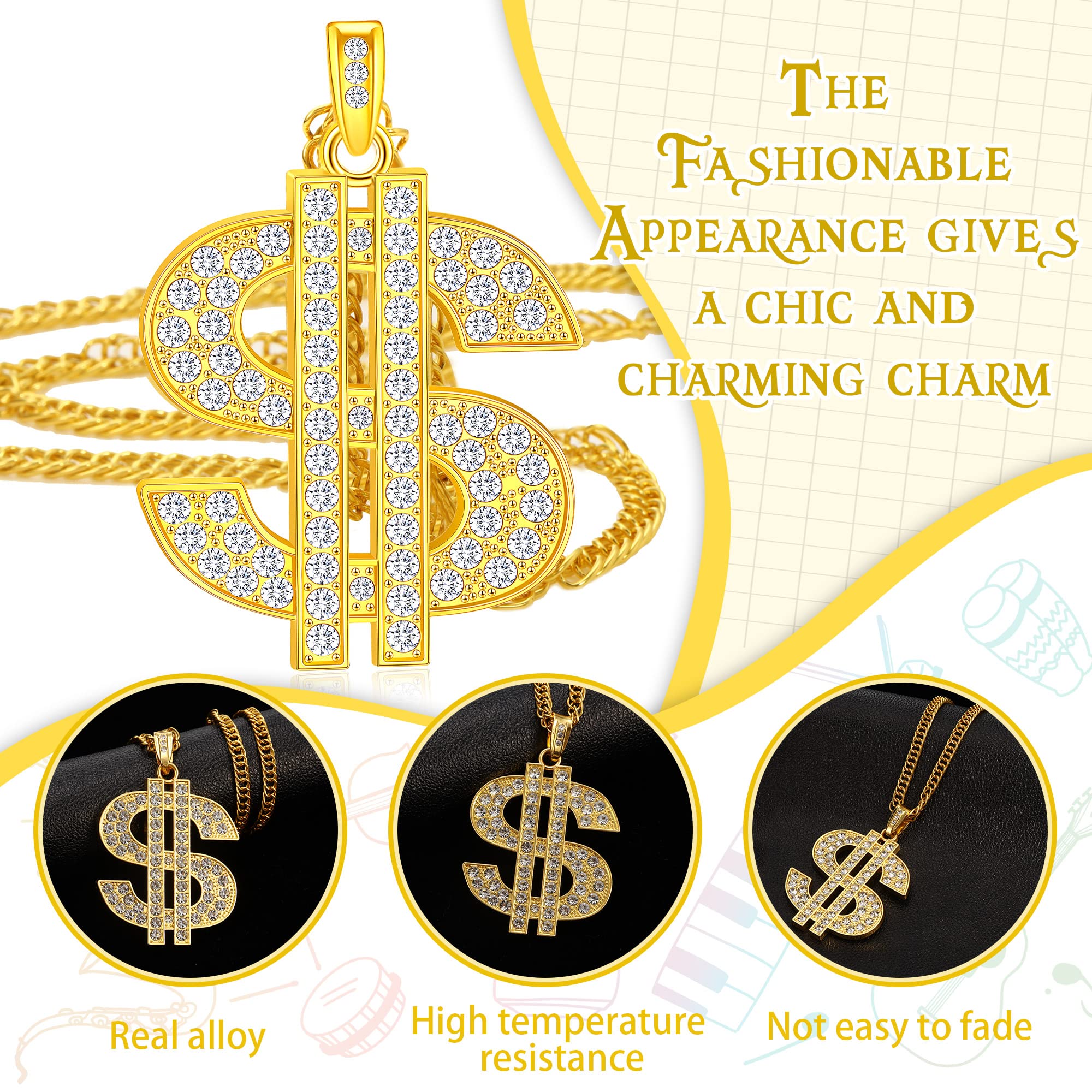 Tatuo 2 Pieces Plated Chain for Men with Dollar Sign Pendant Necklace, Hip Hop Dollar Necklace (Gold,Trendy Style)
