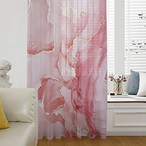 Chiffon Sheer Curtains & Drapes 84 Inch Long, Lightweight Breathable Voile Window Curtain Panels Pink Marble with Gold Glitter Splatter Curtains Backdrop Drapes for Bedroom Livingroom Wedding