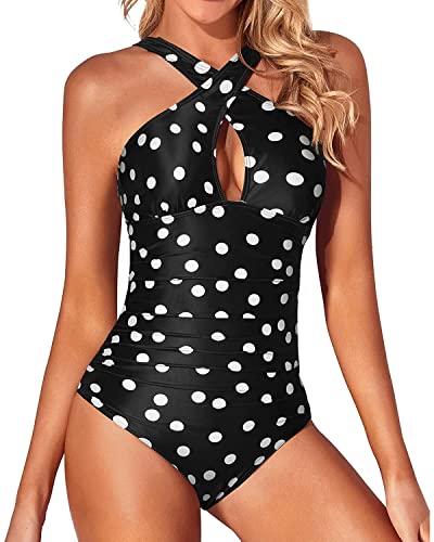 Tempt Me Women Polka Dot One Piece Swimsuits Front Cross Keyhole Tummy Control Backless Bathing Suit Large