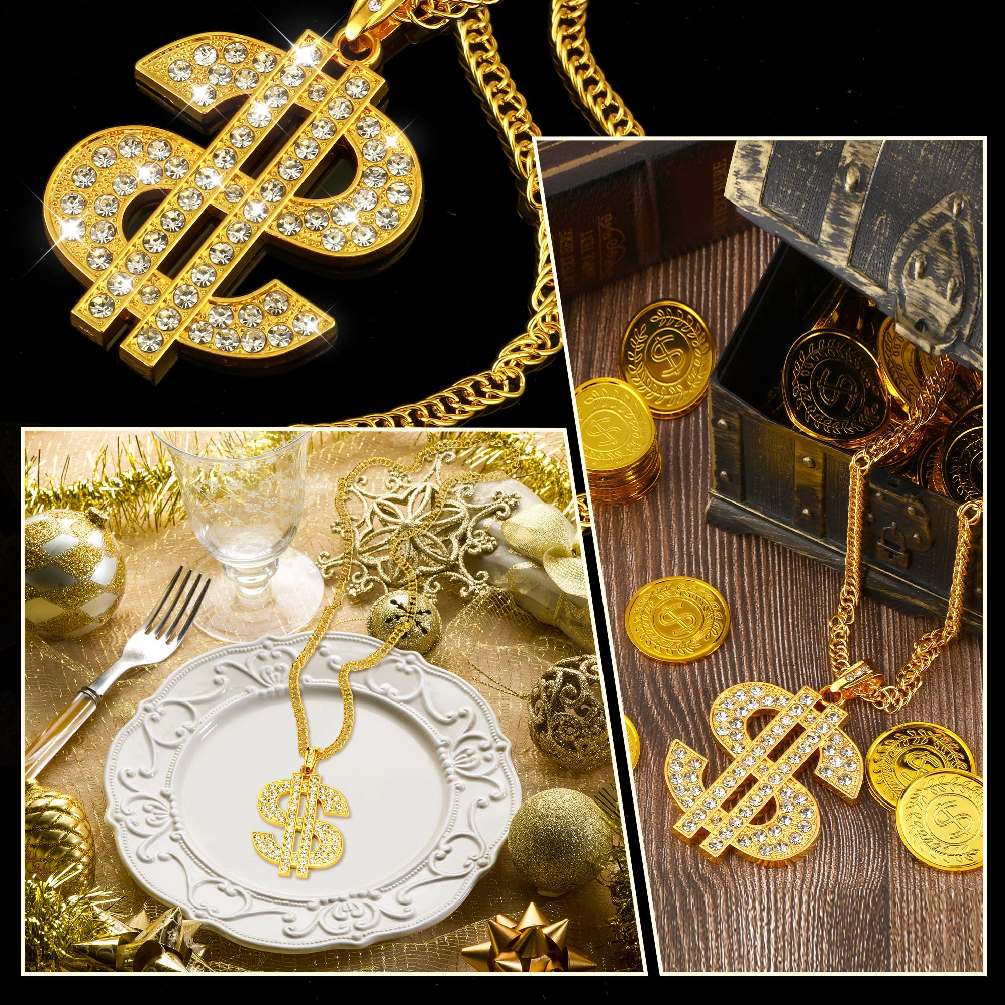 Tatuo 2 Pieces Plated Chain for Men with Dollar Sign Pendant Necklace, Hip Hop Dollar Necklace (Gold,Trendy Style)