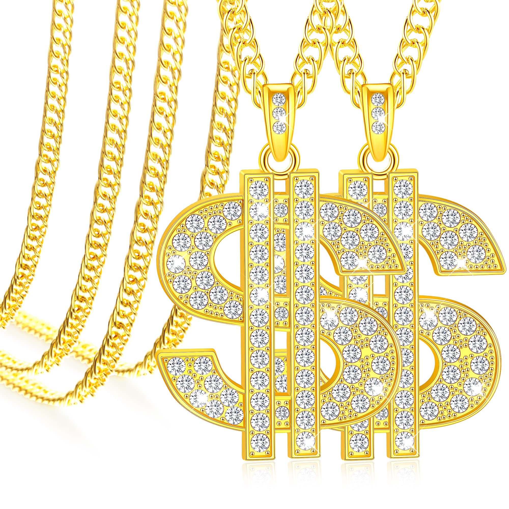 Tatuo 2 Pieces Plated Chain for Men with Dollar Sign Pendant Necklace, Hip Hop Dollar Necklace (Gold,Trendy Style)