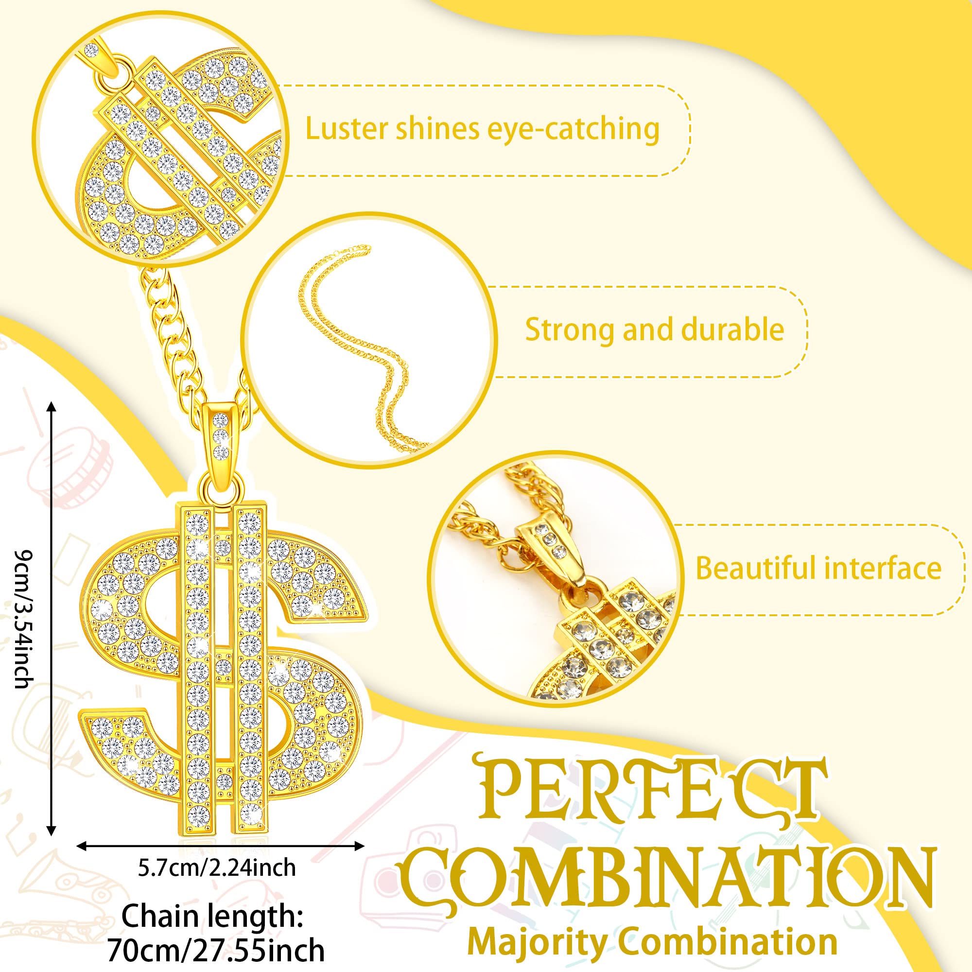 Tatuo 2 Pieces Plated Chain for Men with Dollar Sign Pendant Necklace, Hip Hop Dollar Necklace (Gold,Trendy Style)