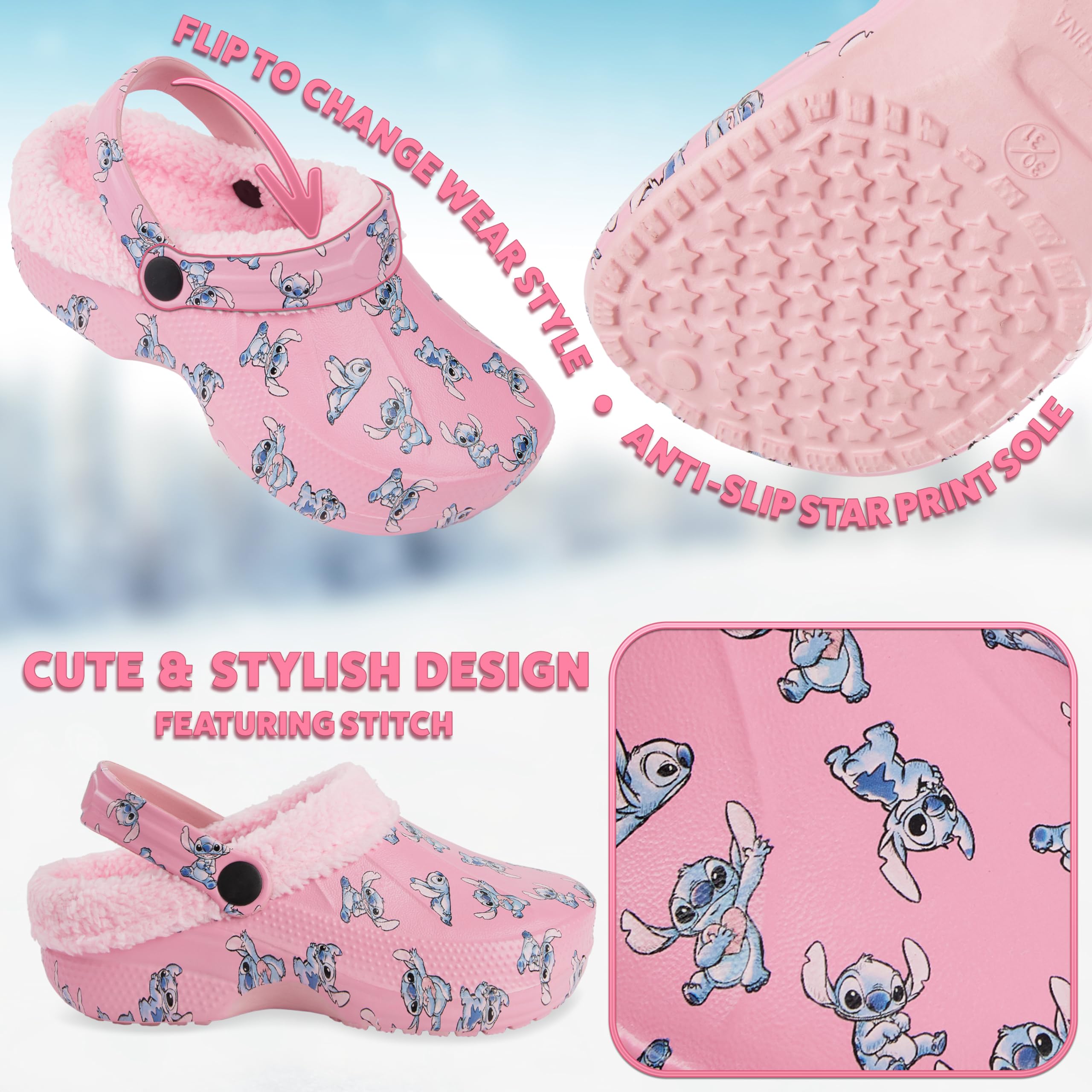Disney Stitch Girls Clogs - Fleece Lined Clogs - Stitch Gifts (Pink Stitch, 4/5 US)