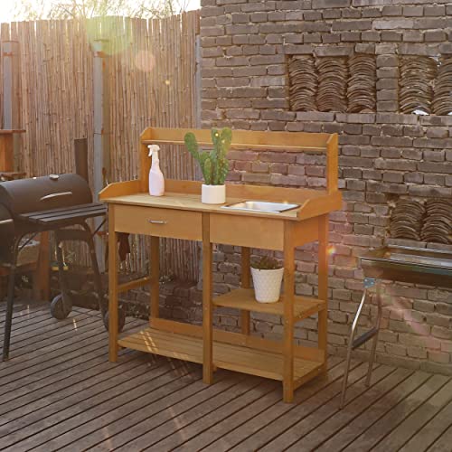 MUPATER Potting Bench Garden Table for Outdoors with Removable Stainless Sink, Planting Work Bench with Storage Shelves and Drawer, Natural Wood