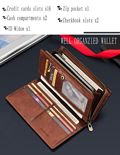 VANNANBA Mens Long Wallet Zipper Full Grain Leather Bifold Checkbook Cards Organized Holder Purse for Business Travel Gift