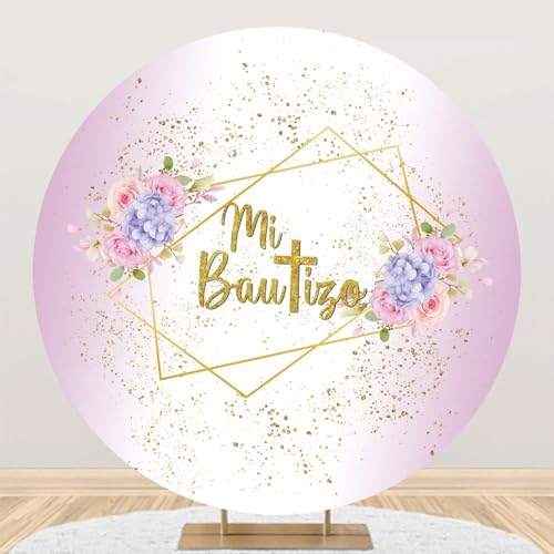 AWERT Polyester Diameter 4ft Round Mi Bautizo Backdrop Cover for Girls First Communion Baptism Decoration Purple Rustic Plant Flower Gold Dots Newborn Baby Shower Photo Booth Backgrounds