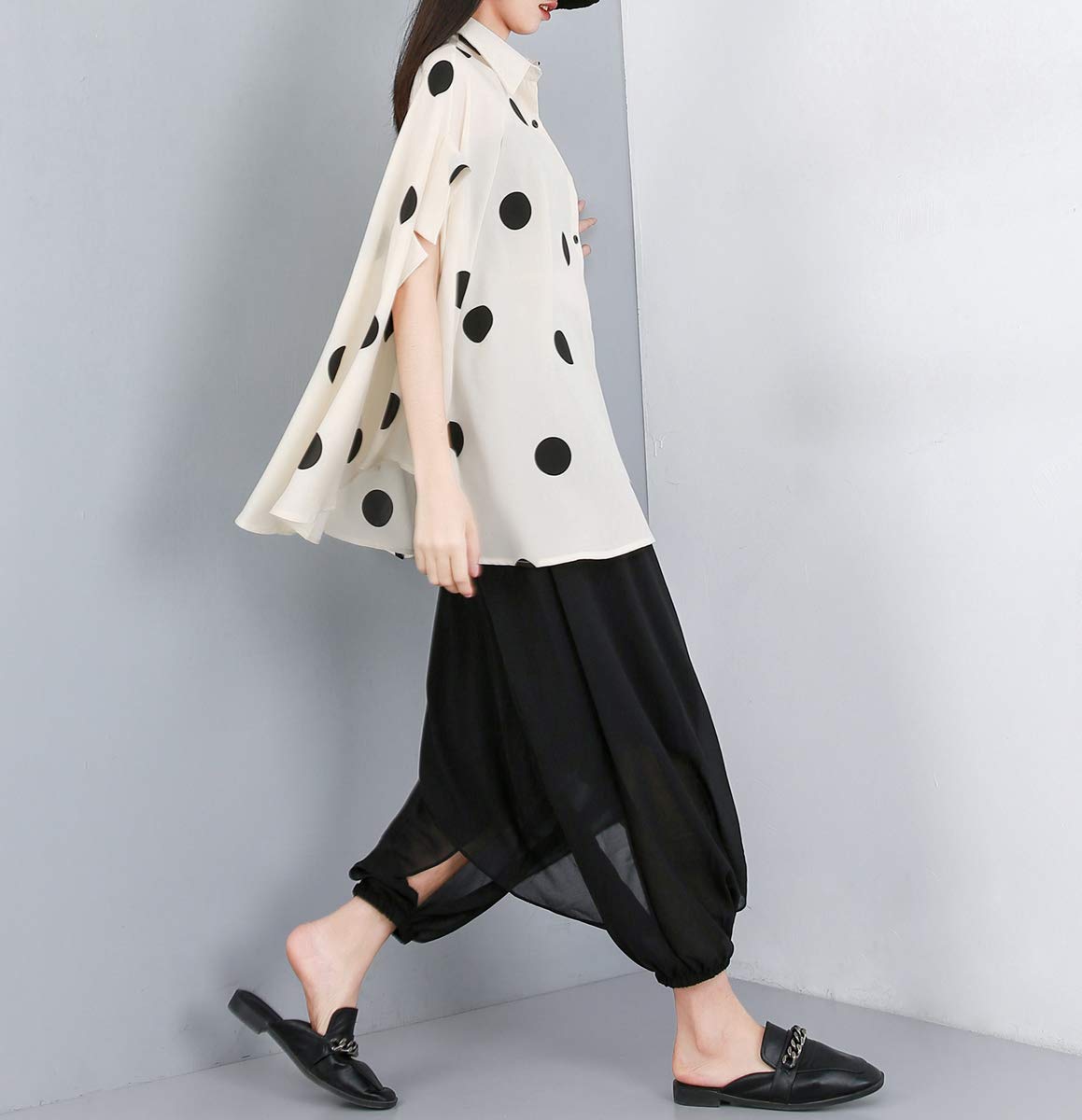 ellazhu Women's Batwing Sleeve Polka Dot Printed Button Down Blouse Oversized Shirt Top for Summer GY1903 White