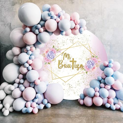 AWERT Polyester Diameter 4ft Round Mi Bautizo Backdrop Cover for Girls First Communion Baptism Decoration Purple Rustic Plant Flower Gold Dots Newborn Baby Shower Photo Booth Backgrounds