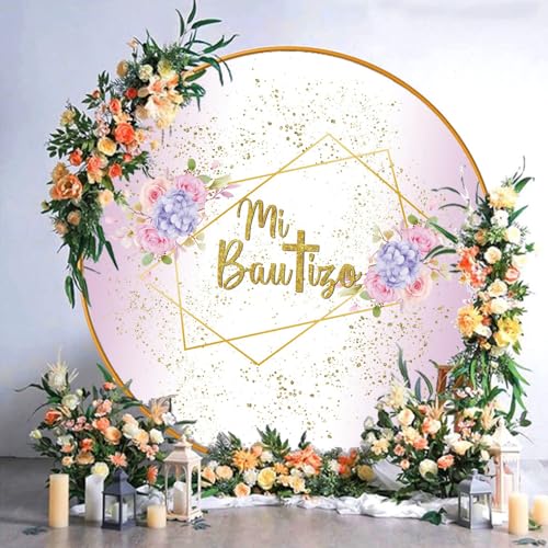 AWERT Polyester Diameter 4ft Round Mi Bautizo Backdrop Cover for Girls First Communion Baptism Decoration Purple Rustic Plant Flower Gold Dots Newborn Baby Shower Photo Booth Backgrounds