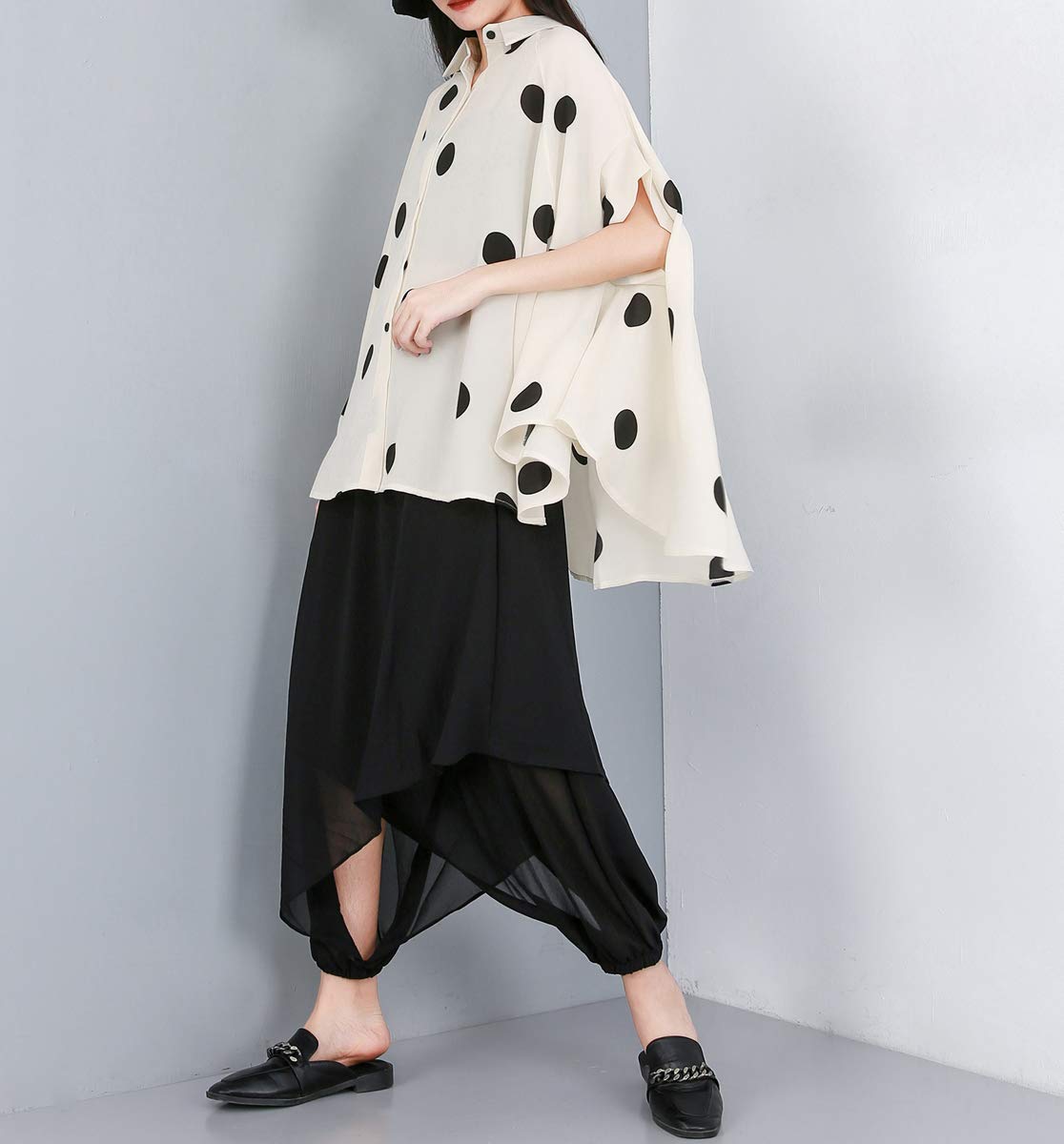 ellazhu Women's Batwing Sleeve Polka Dot Printed Button Down Blouse Oversized Shirt Top for Summer GY1903 White