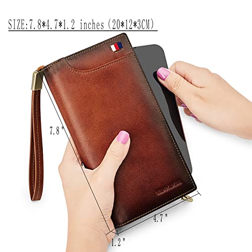VANNANBA Mens Long Wallet Zipper Full Grain Leather Bifold Checkbook Cards Organized Holder Purse for Business Travel Gift