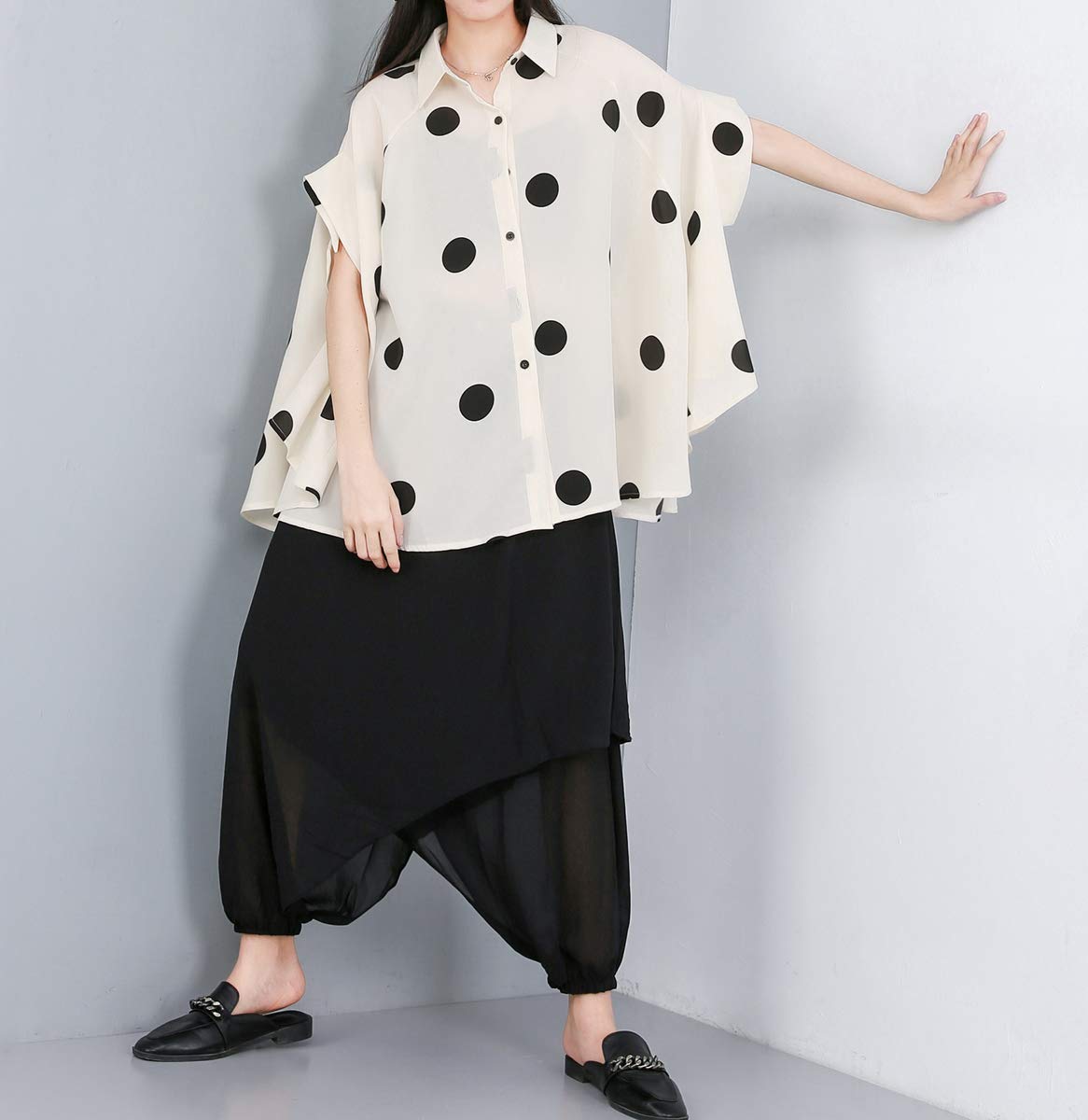 ellazhu Women's Batwing Sleeve Polka Dot Printed Button Down Blouse Oversized Shirt Top for Summer GY1903 White