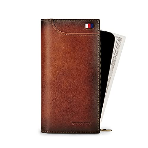 VANNANBA Mens Long Wallet Zipper Full Grain Leather Bifold Checkbook Cards Organized Holder Purse for Business Travel Gift