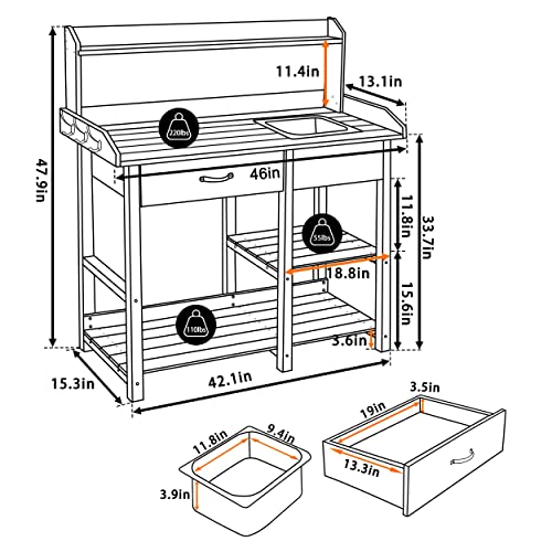 MUPATER Potting Bench Garden Table for Outdoors with Removable Stainless Sink, Planting Work Bench with Storage Shelves and Drawer, Natural Wood