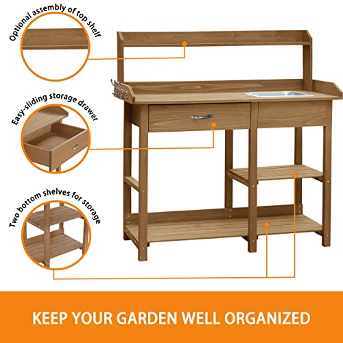 MUPATER Potting Bench Garden Table for Outdoors with Removable Stainless Sink, Planting Work Bench with Storage Shelves and Drawer, Natural Wood