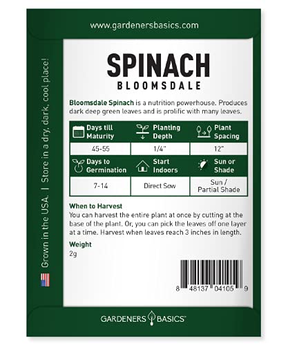 Bloomsdale Spinach Seeds for Planting is A Great Heirloom, Non-GMO Vegetable Variety- Great for Indoor, Outdoor and Hydroponics Gardening by Gardeners Basics