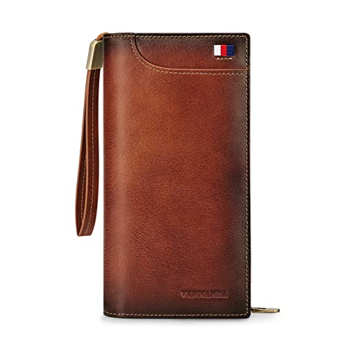 VANNANBA Mens Long Wallet Zipper Full Grain Leather Bifold Checkbook Cards Organized Holder Purse for Business Travel Gift