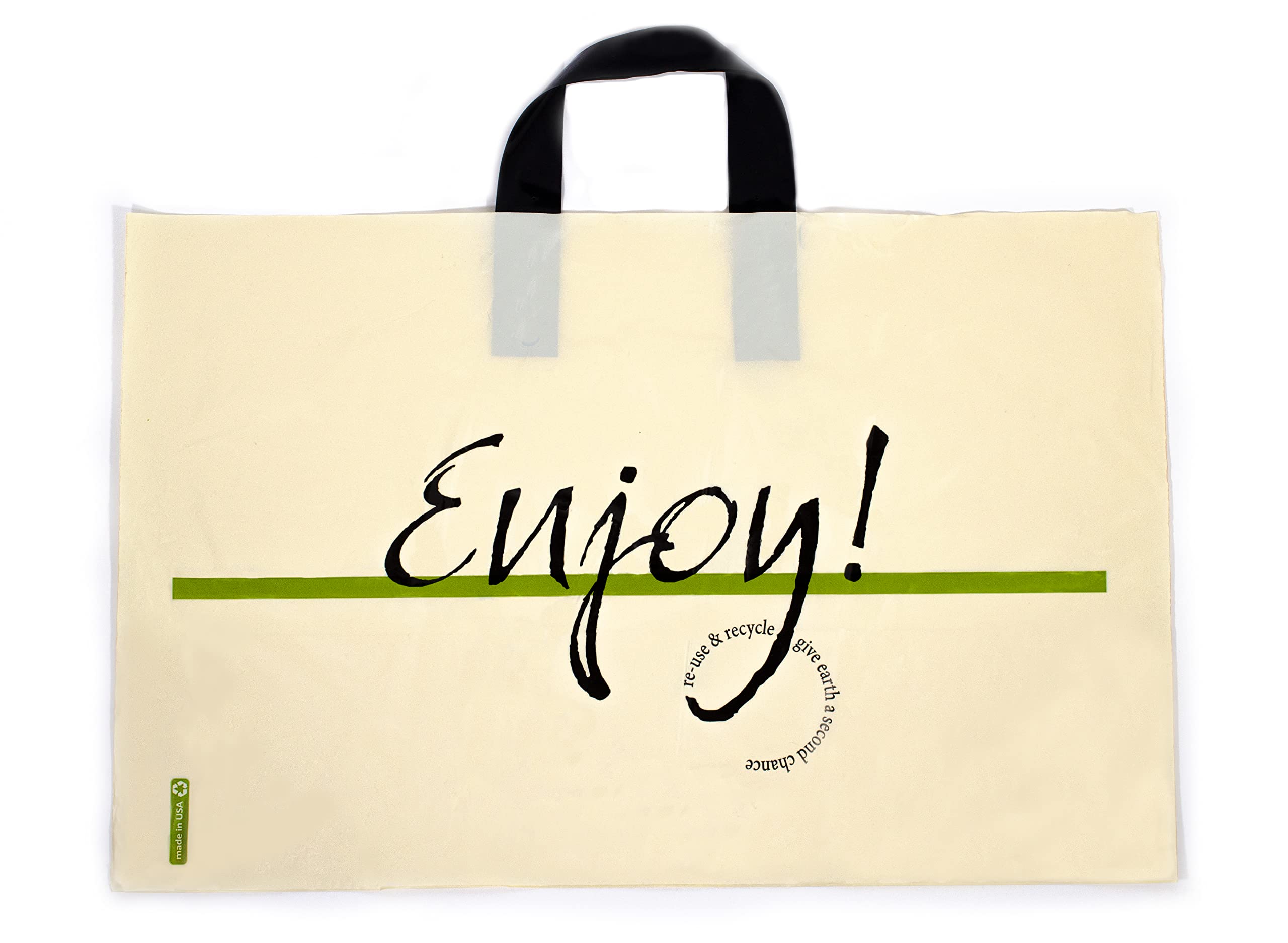 Enjoy Shopping Bags with Handles, 50 Pack, MADE IN USA, 19" W x 12" H + 9" Bottom, Reusable Birthday Party Favor Plastic Boutique Merchandise Customer Bags for Small Retail Grocery Business