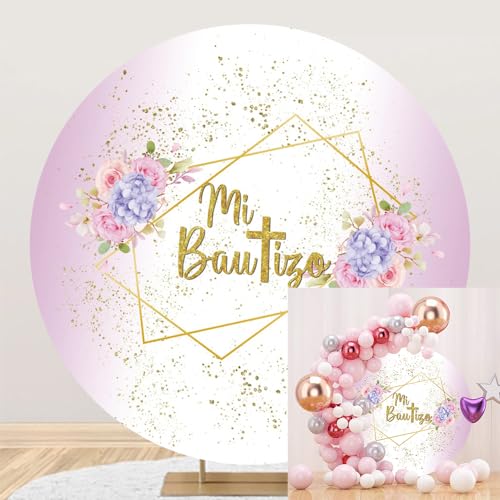 AWERT Polyester Diameter 4ft Round Mi Bautizo Backdrop Cover for Girls First Communion Baptism Decoration Purple Rustic Plant Flower Gold Dots Newborn Baby Shower Photo Booth Backgrounds