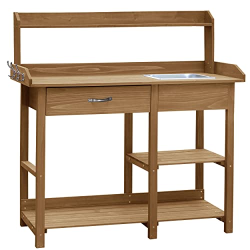 MUPATER Potting Bench Garden Table for Outdoors with Removable Stainless Sink, Planting Work Bench with Storage Shelves and Drawer, Natural Wood
