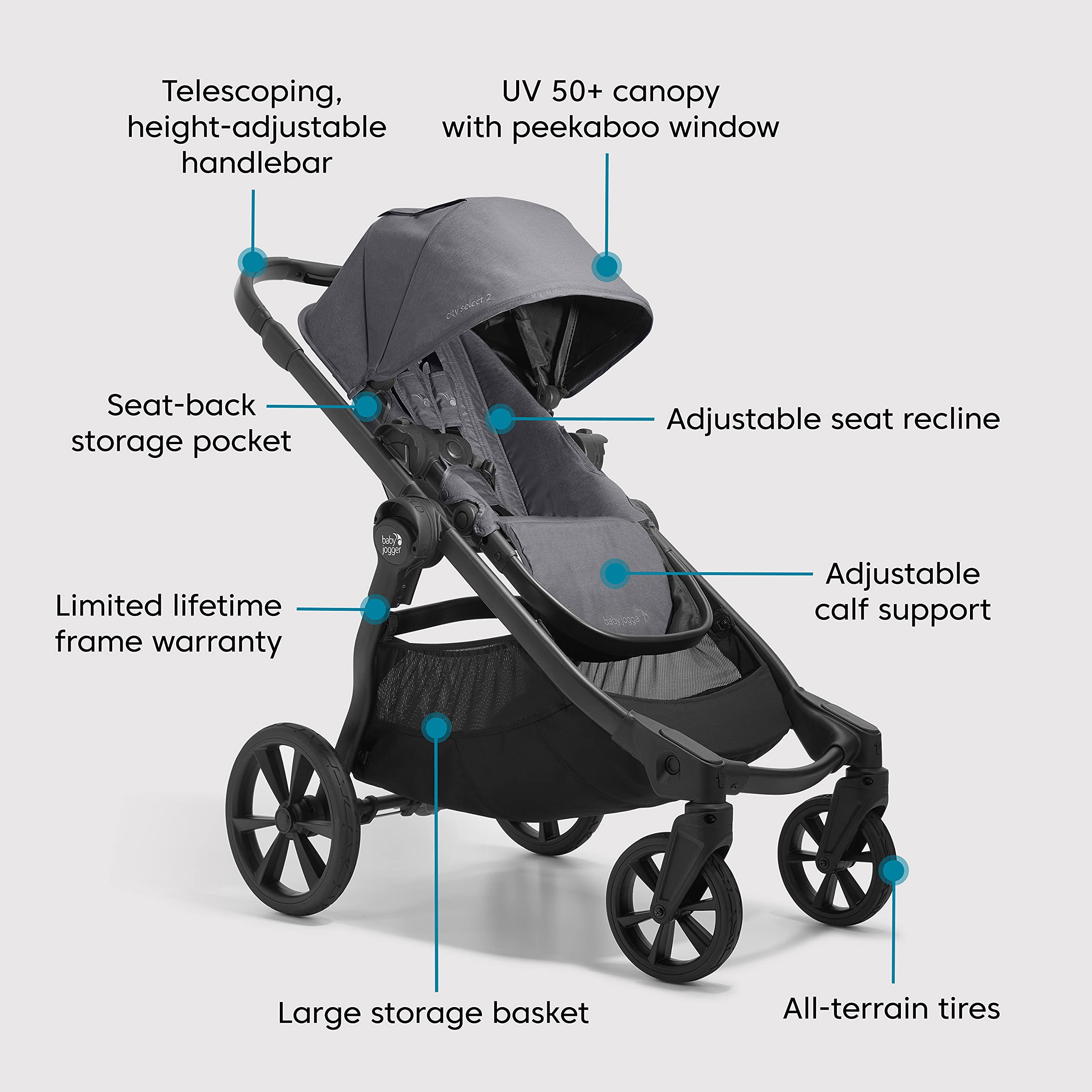 Baby Jogger City Select 2 Single-to-Double Modular Travel System, Includes City GO 2 Infant Car Seat, Radiant Slate