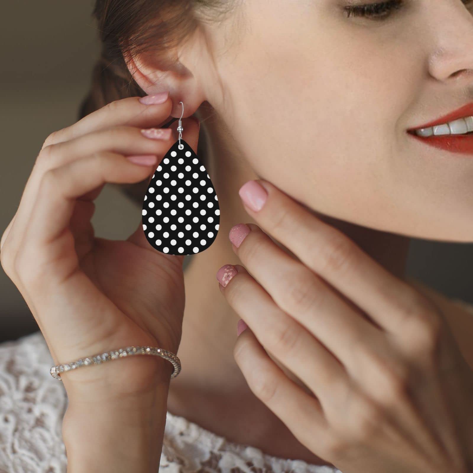 Black White Polka Dot Faux Leather Earrings For Women Lightweight Teardrop Dangle Earrings Gift