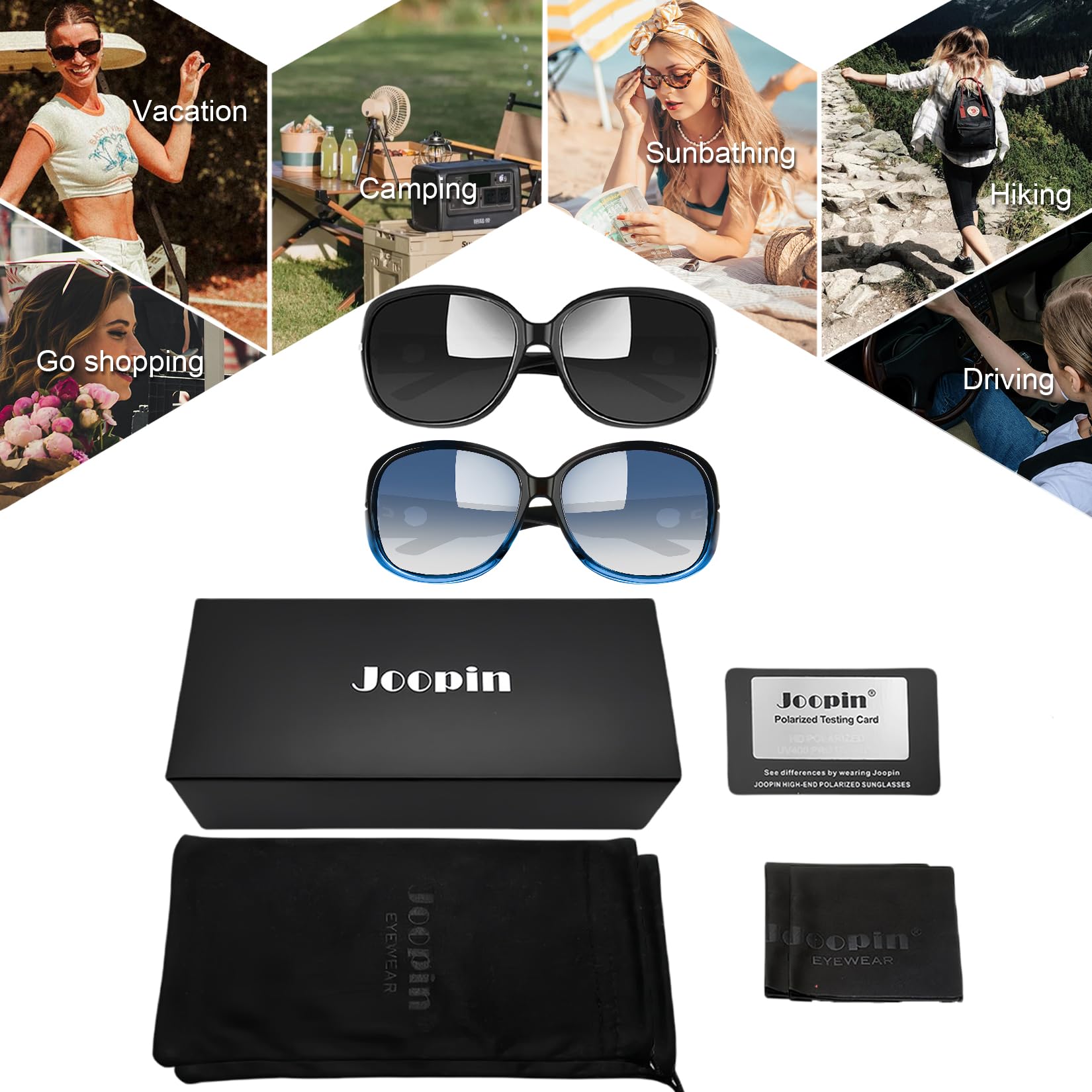 Joopin Big Sunglasses Oversized Shades for Women Ladies Trendy Large Sun Glasses Polarized UV Protection Rhinestone Sunnies 2 Pack (Black + Tinted Blue)