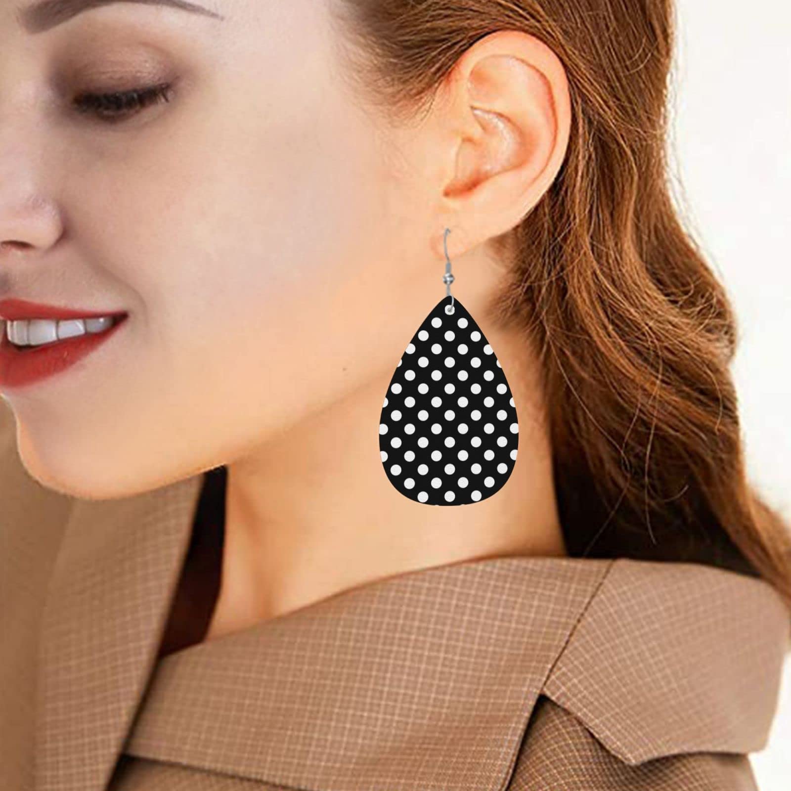 Black White Polka Dot Faux Leather Earrings For Women Lightweight Teardrop Dangle Earrings Gift